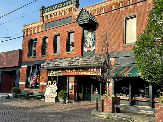 The brick facade of Schmidt's Sausage Haus stands proudly in German Village, like a delicious time portal to Old World Bavaria.