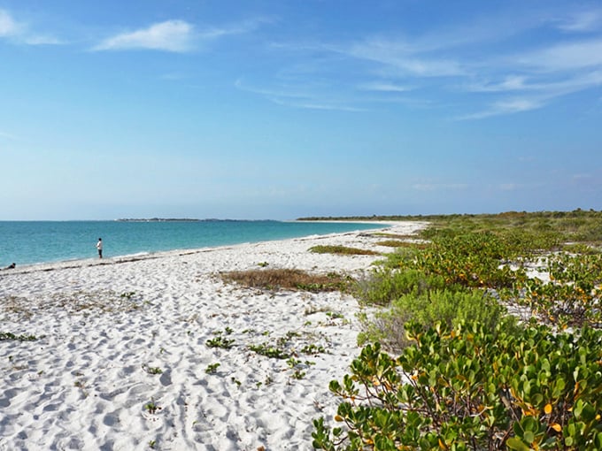 Miles of pristine shoreline stretch before you, with just one solitary beachcomber in the distance. Social distancing before it was mandatory!