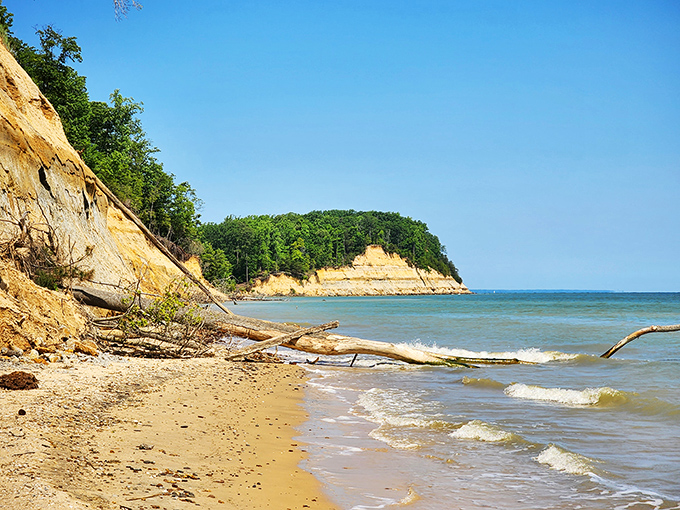 Nature's own sculpture gallery where towering cliffs meet gentle waves, creating a beach experience that's part geological wonder, part treasure hunt.