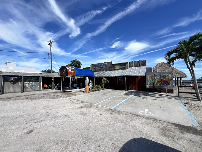 The weathered wooden exterior and giant fish sculpture aren't trying to impress you&mdash;they're saving all that energy for what's on your plate.