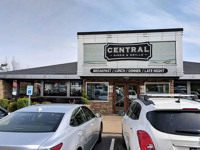 The exterior of Central Diner & Grille stands like a beacon of comfort food promise under Pittsburgh skies. Some buildings just look like they contain happiness.