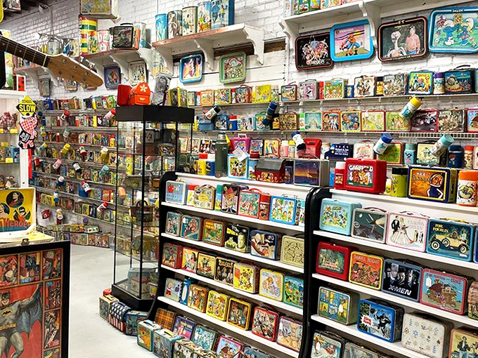 Wall-to-wall nostalgia hits you like a tidal wave of childhood memories, with colorful lunchboxes creating an almost psychedelic flashback to simpler times.