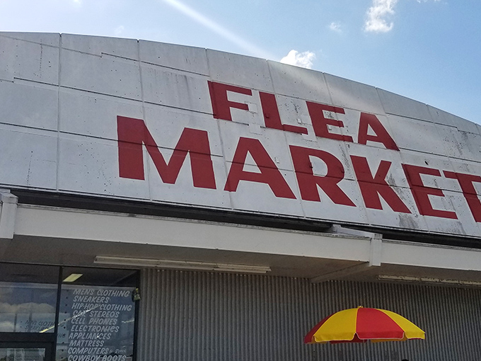 The no-frills exterior says it all: "FLEA MARKET" in bold red letters&mdash;a siren call to bargain hunters that promises treasures await inside.
