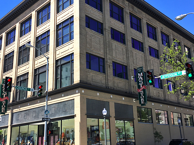 The grand historic facade of Mast General Store anchors downtown Roanoke like a brick-and-mortar time machine waiting to transport shoppers to a simpler era.