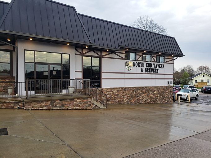 The Tudor-style exterior of North End Tavern & Brewery stands as a welcoming beacon for hungry travelers and thirsty locals alike.