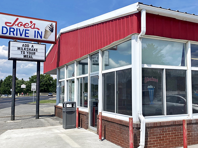 Joe's Drive In stands proudly against the Pennsylvania sky, its classic red and white exterior beckoning hungry travelers like a beacon of comfort food hope. 