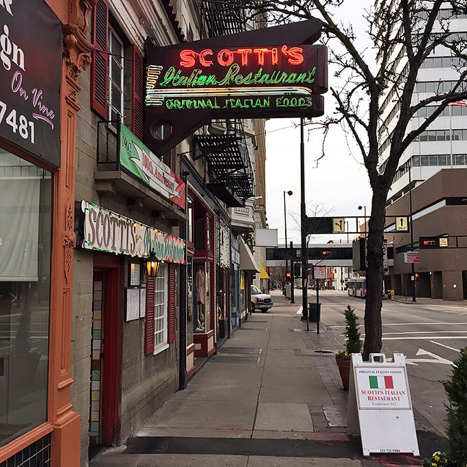 The iconic neon sign glows like a beacon for pasta pilgrims. Scotti's storefront has been stopping Cincinnati pedestrians in their tracks for generations.