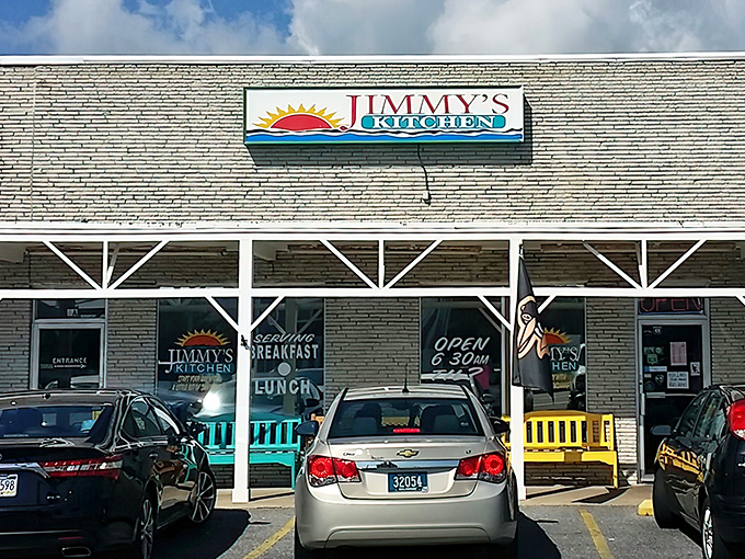 Jimmy's Kitchen welcomes hungry travelers with its cheerful sun logo and promise of breakfast that's worth getting out of bed for. 