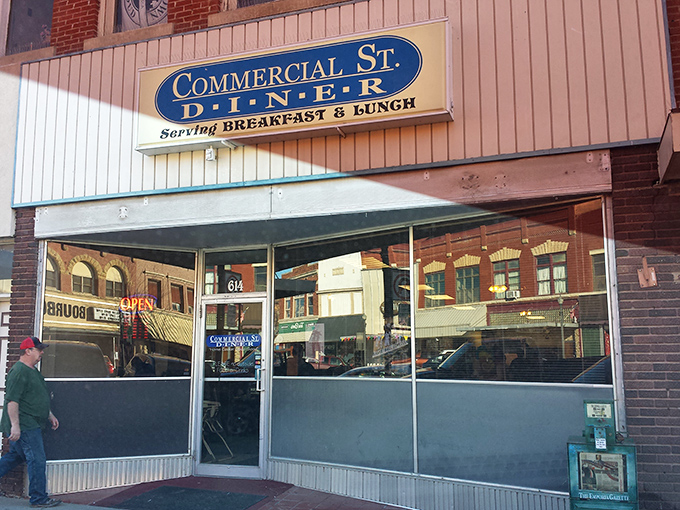 The blue sign beckons like a lighthouse for the breakfast-starved—no fancy frills, just the promise of honest morning sustenance.