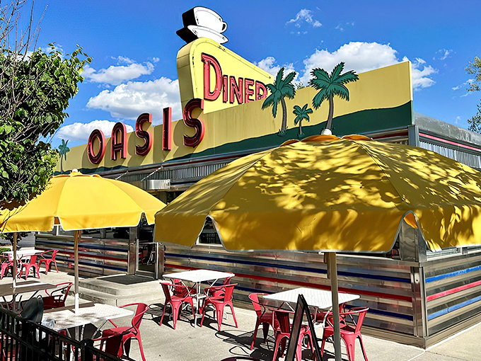 The sunshine-yellow facade of Oasis Diner gleams like a beacon of hope for hungry travelers. This isn't just a restaurant&mdash;it's a time machine with french fries.