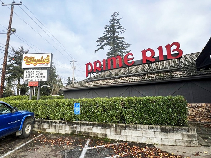 The stone facade and bold red signage of Clyde's stands as Portland's beacon for carnivores, promising old-school delights within those walls.