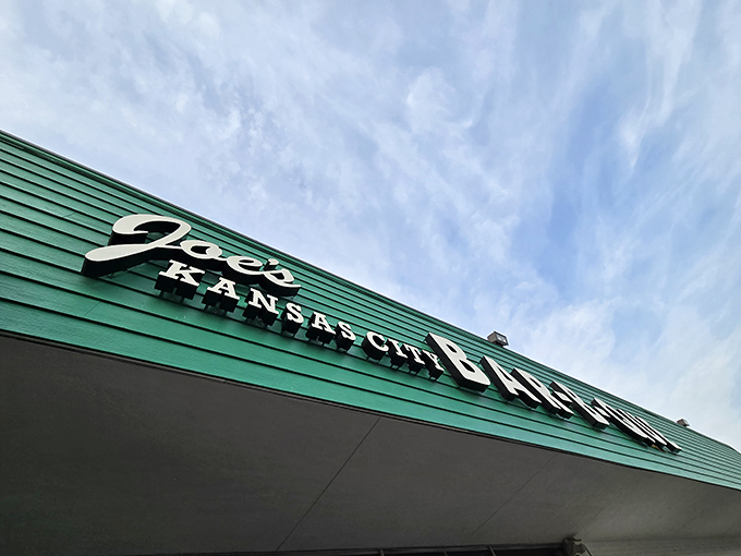 The iconic green exterior of Joe's Kansas City Bar-B-Que stands as a beacon of hope for hungry travelers—proof that extraordinary food often hides in ordinary places.