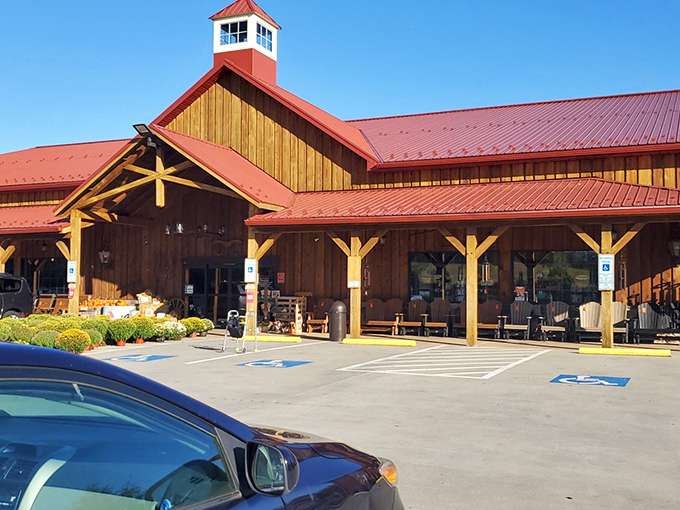 The iconic red roof of Yoder's stands out against Virginia's blue sky like a culinary lighthouse guiding hungry travelers to delicious shores. 