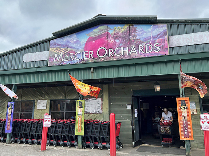 Welcome to paradise! The rustic wooden exterior of Mercier Orchards invites visitors with its "Welcome to Our Farm" sign and promise of U-pick adventures.