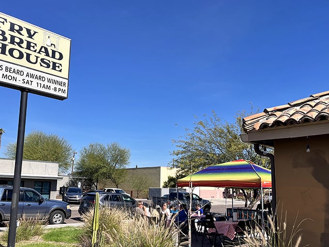 The unassuming exterior of The Fry Bread House belies the culinary treasures within. Blue skies and outdoor seating welcome hungry pilgrims to this James Beard Award winner.