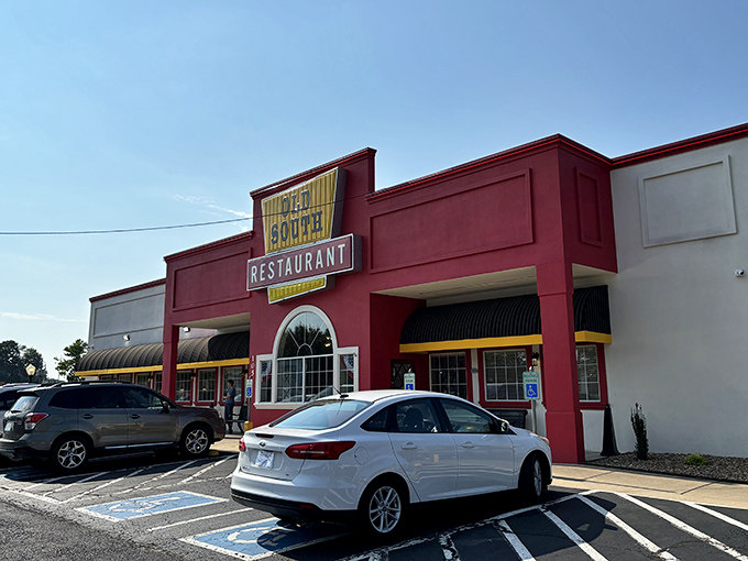 The crimson facade of Old South Restaurant stands like a beacon of comfort food in Russellville, promising Southern hospitality before you even step inside.
