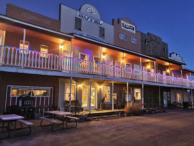 The Old West comes alive at twilight, when Hedrick's fa&ccedil;ade glows with string lights like a frontier town waiting for your arrival.