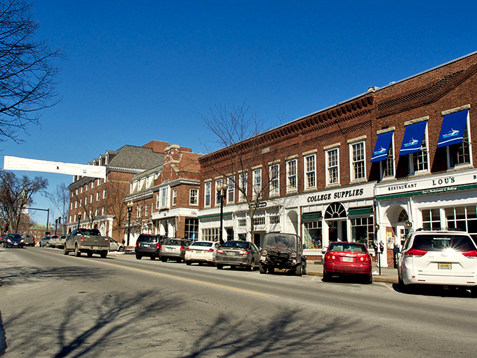 Hanover's Main Street beckons with its classic New England charm. Red brick buildings and colorful awnings create the perfect small-town backdrop for your spring adventure.
