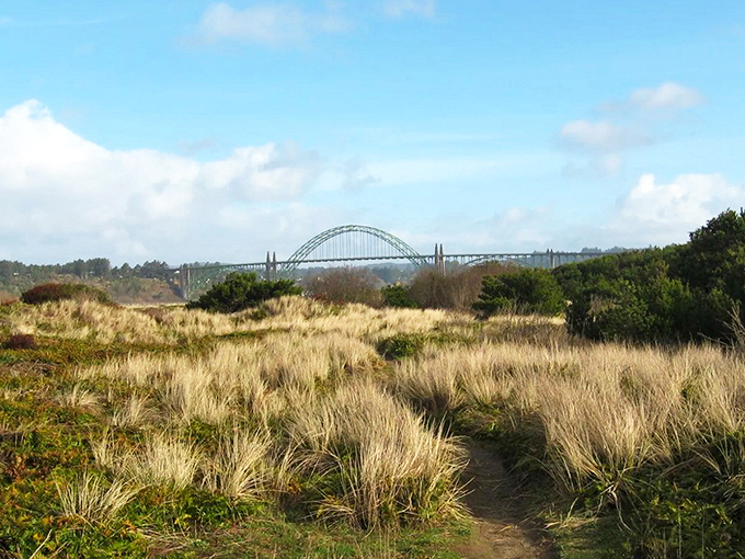 The welcoming sign at South Jetty offers more than directions&mdash;it's your first taste of adventure in this slice of Oregon Dunes National Recreation Area paradise. 