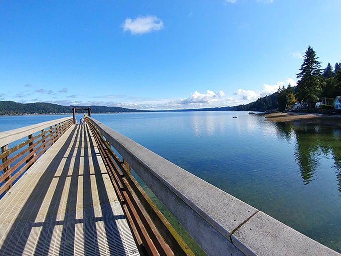 Where forest meets shoreline in perfect harmony. Towering evergreens stand guard over picnic tables, with Hood Canal's inviting waters just steps away.