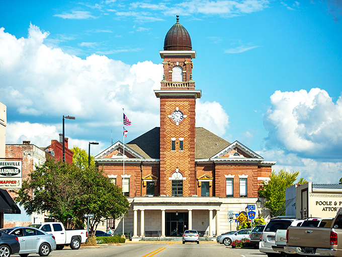 Greenville's historic courthouse stands proud with its distinctive copper dome, like a Southern gentleman tipping his hat to welcome hungry visitors.
