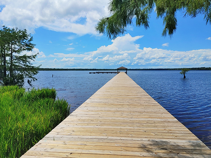 Who needs a Caribbean getaway when you've got this? Singletary Lake's wooden pier stretches into tranquil waters, inviting you to leave your worries on the shore.