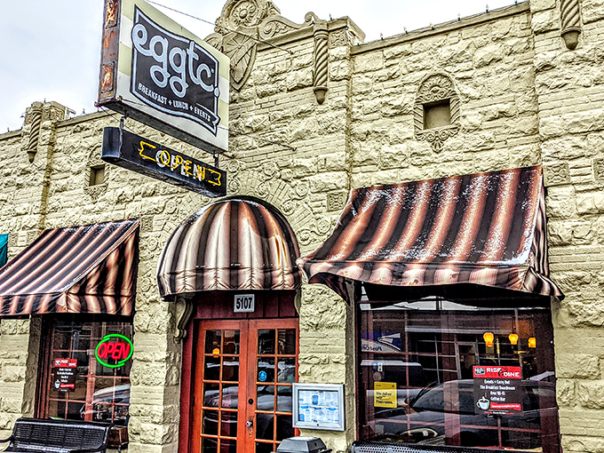 The stone fa&ccedil;ade of eggtc. with its charming striped awnings feels like discovering a secret breakfast society you've always wanted to join.