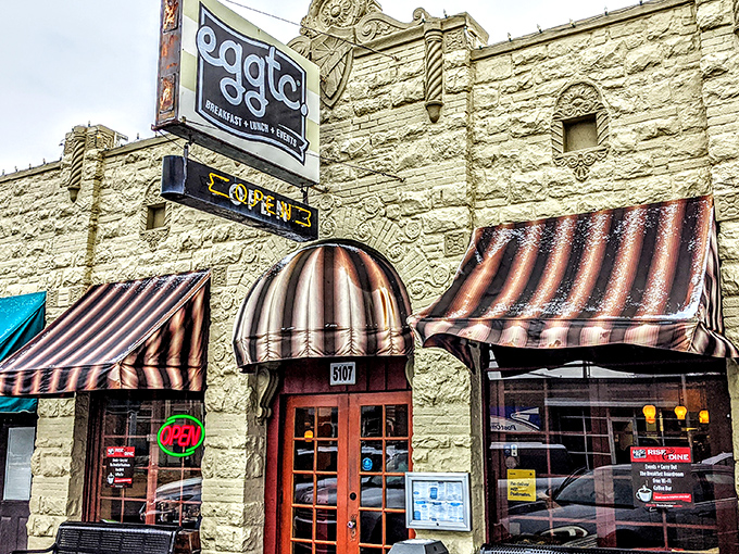 The iconic limestone exterior of eggtc. says "serious about breakfast" while the playful striped awnings whisper "but we still know how to have fun."