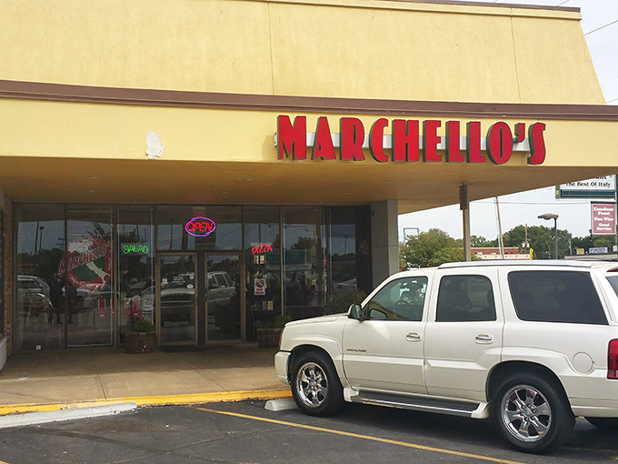 Marchello's unassuming strip mall exterior proves once again that culinary treasures often hide in the most ordinary-looking places. The red sign beckons like a lighthouse for hungry travelers.