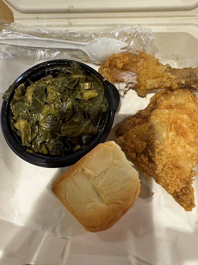 The perfect lunch doesn't exi&mdash; Oh wait, here it is: golden chicken, collards, and a roll, with enough flavor to make your afternoon meeting bearable. 