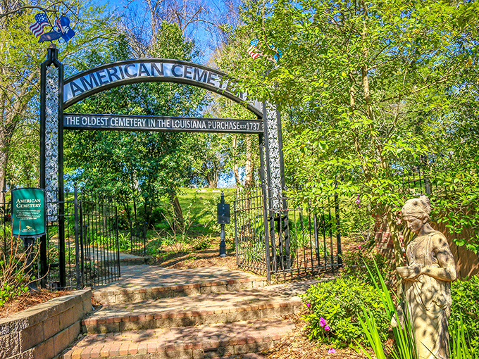 America's oldest cemetery in the Louisiana Purchase territory, where moss-draped trees stand guard over stories dating back to 1737.