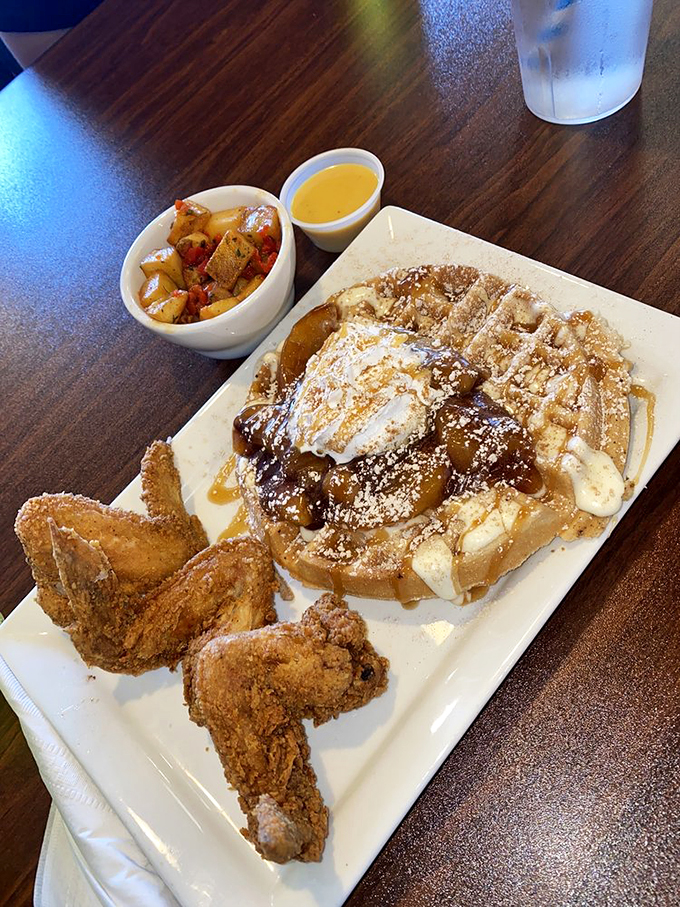 Fall harvest in waffle form. Caramelized apples and cinnamon create a plate that smells like your grandmother's kitchen on Thanksgiving morning.