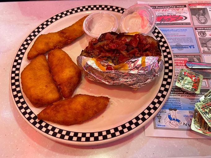 Beer-battered rockfish that's crispy outside, flaky inside, served with a loaded baked potato – Maryland's answer to fish and chips.