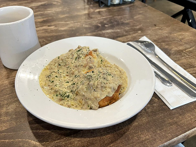 Creamy biscuits and gravy that would make any Southern grandmother nod in approval. Comfort food that hugs you from the inside.