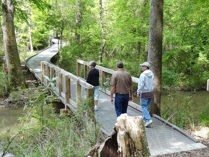 Three generations walk a winding boardwalk, creating the kind of quiet conversations that somehow matter more than any text message ever sent.