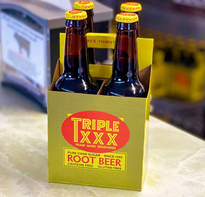The take-home version of liquid happiness&mdash;Triple XXX root beer in bottles that promise to make "thirst a joy." They're not wrong.