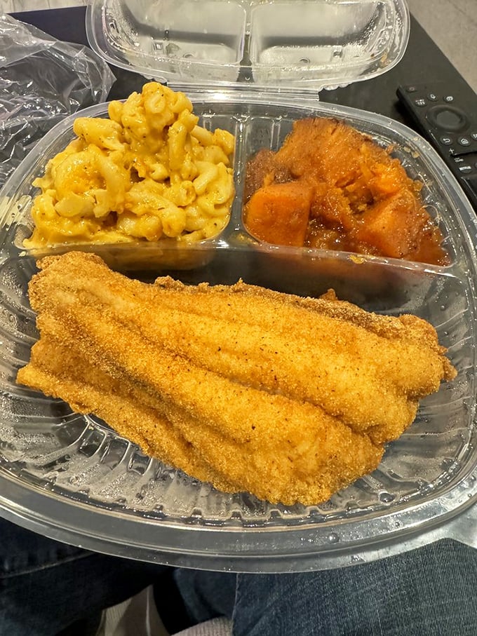 The mac and cheese has that sunset-orange glow that signals real cheese was harmed in the making of this masterpiece.