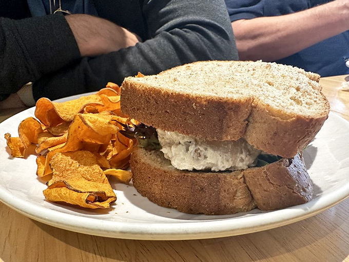 A chicken salad sandwich that makes you wonder why you ever settled for lesser versions, flanked by sweet potato chips standing guard like delicious sentinels.