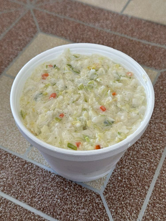 A container of coleslaw so perfectly executed it deserves its own spotlight. Not just a side dish—it's a supporting actor worthy of awards.