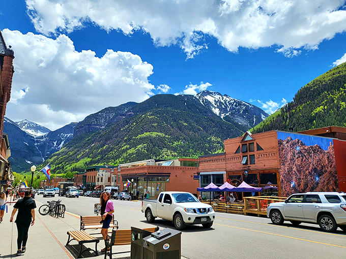 Mountains frame Colorado Avenue like nature's own theater curtains. Telluride's main thoroughfare offers shopping, dining, and constant reminders of why you came.