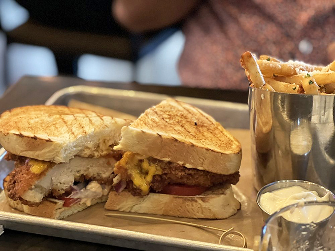 Sandwich architecture at its finest. The ratio of protein to bread to fries creates the holy trinity of lunch satisfaction.