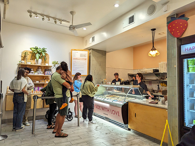 The line forms for frozen treasures. In San Francisco, waiting for ice cream is considered time well spent.