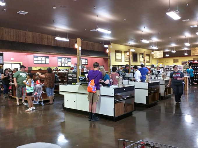 The universal language of good food brings folks together at Yoder's checkout, where anticipation of deliciousness creates an unspoken bond.