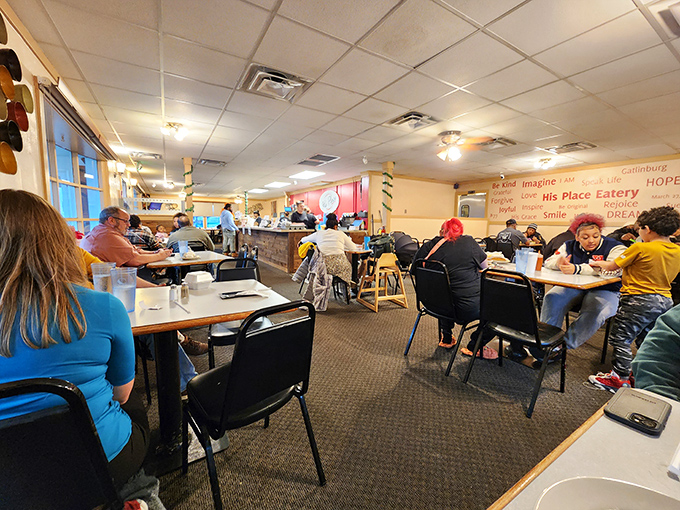 A bustling dining room where strangers become kindred spirits, united by the universal language of "mmm" and "oh my goodness, you have to try this."