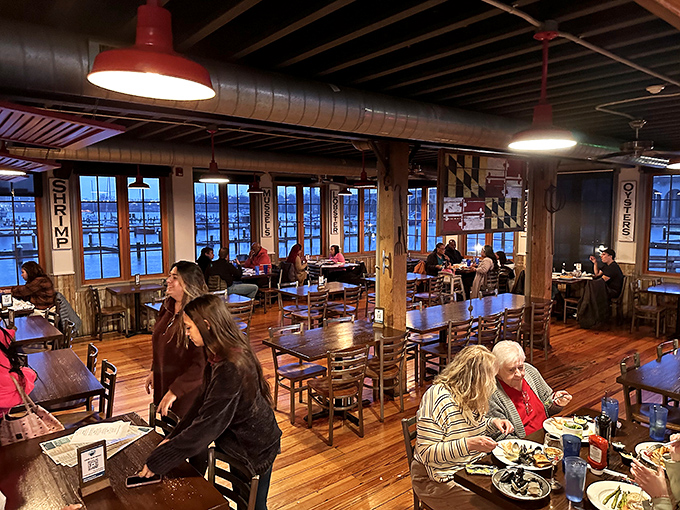 Even on cloudy days, Nick's dining room feels warm with Maryland pride&mdash;note the state flag colors watching over happy diners.