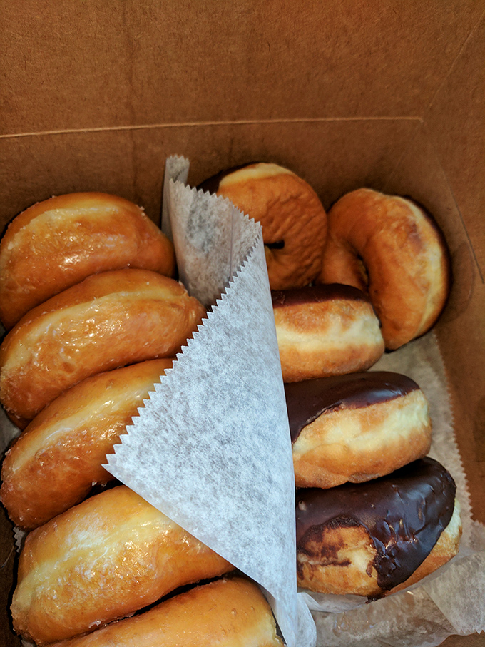 The ultimate to-go box: a dozen freshly made Spudnuts nestled together like edible treasures, some glazed, some chocolate-dipped, all irresistible.