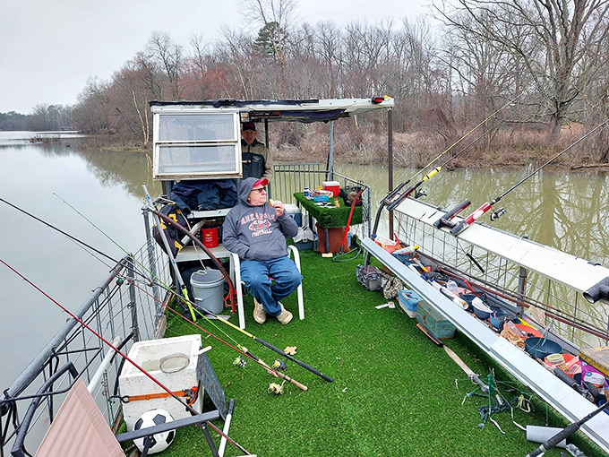 This fisherman's floating man-cave comes complete with all the essentials: rods, chairs, and not a deadline in sight.