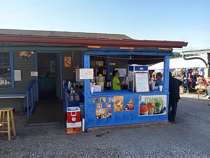 Fuel station for serious shoppers. This blue food stand promises the energy boost needed for another round of bargain hunting.