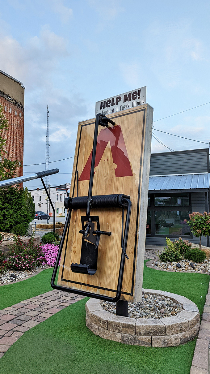 Casey's giant mousetrap begs the question: what size cheese does it take to bait this thing? A monument to whimsy that stops traffic.