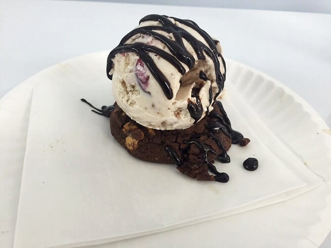 Ice cream perched atop a chocolate cookie throne, drizzled with sauce. Shakespearean drama in dessert form—"To eat or to photograph, that is the question."